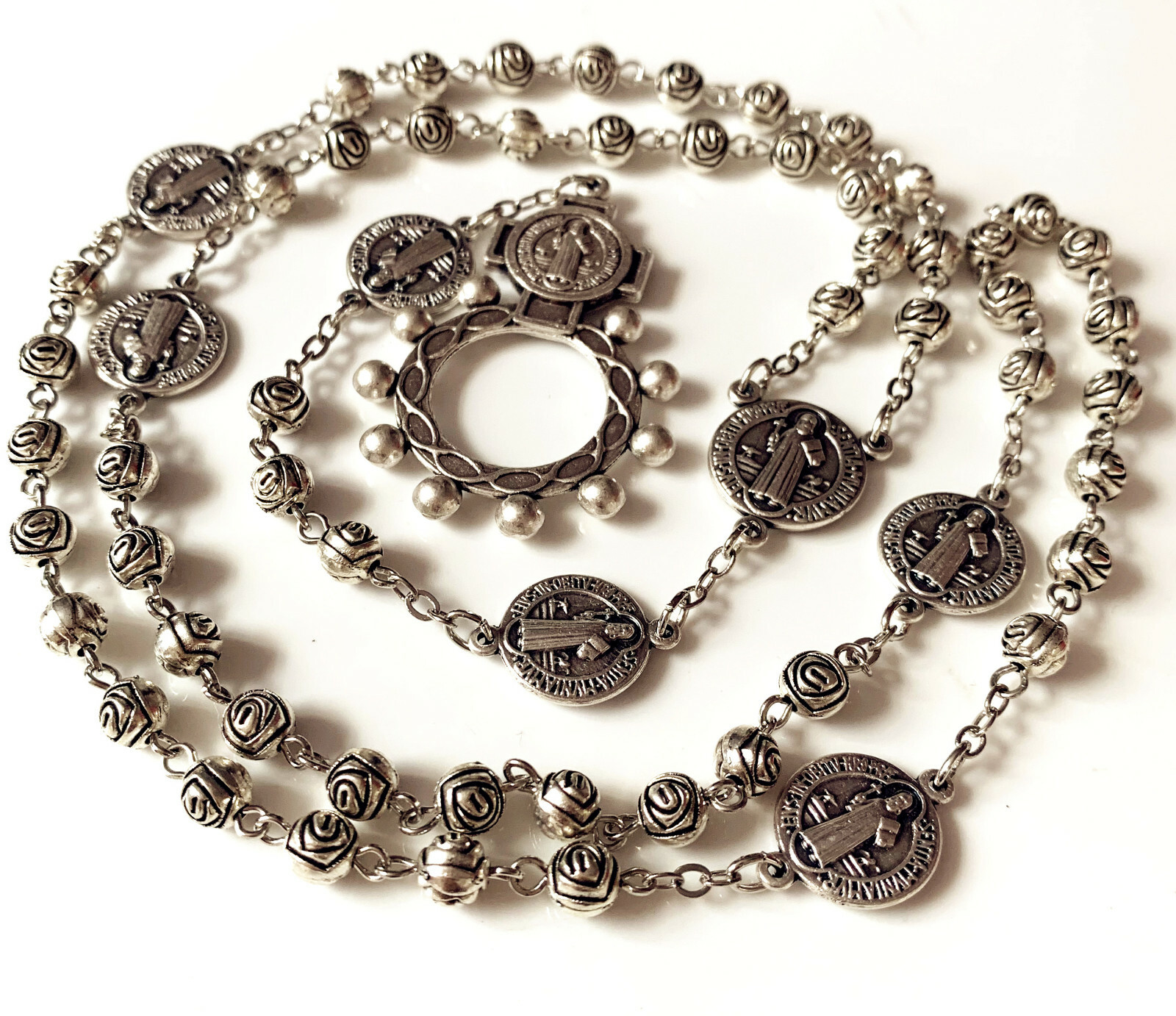 Vintage Silver Rose Beads Catholic St. Benedict Rosary Necklace Cross ...