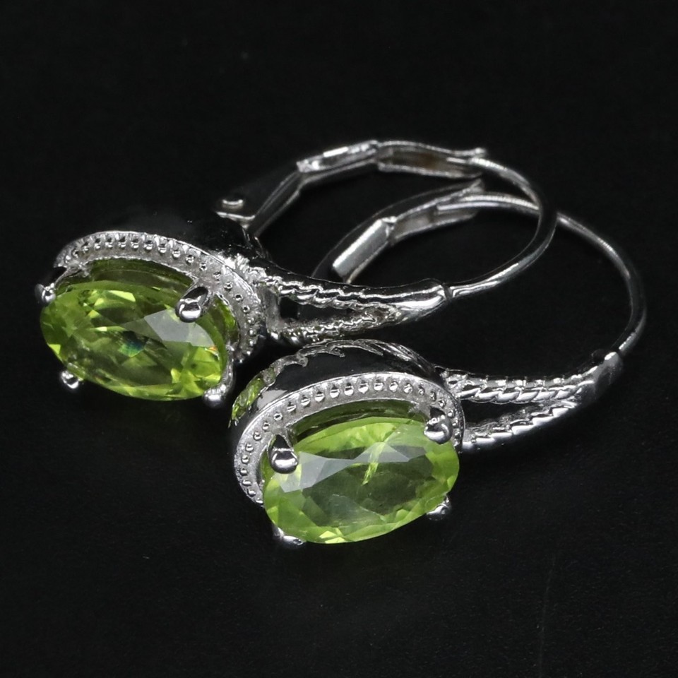 Sterling Silver - Oval-Cut Peridot Lever-Back Dangle Earrings - 3g | eBay