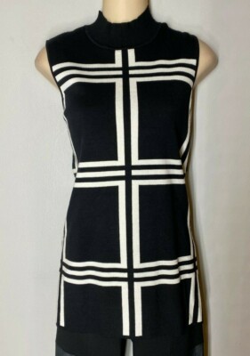 Alfani Black/White Sleeveless Mock Neck Side Split Window Pane Blouse ...