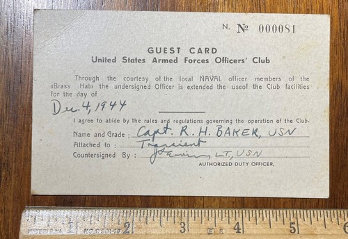 Vintage guest card 1944 US Armed Forces Officers' Club Capt RH Baker ...