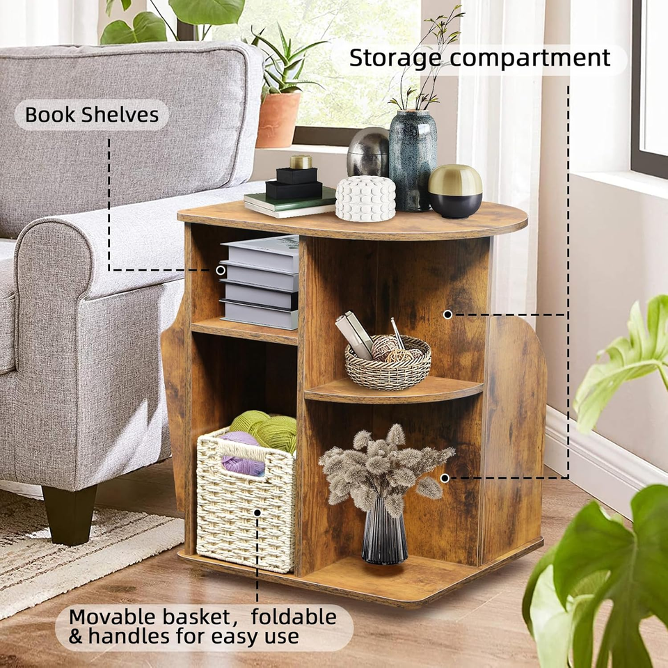 Rustic Rotating End Table with Storage & Magazine Holder for Living ...