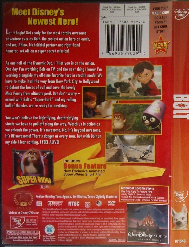 Bolt - Disney Superhero (DVD, 2009, Anime, GD) John Travolta, Miley ...