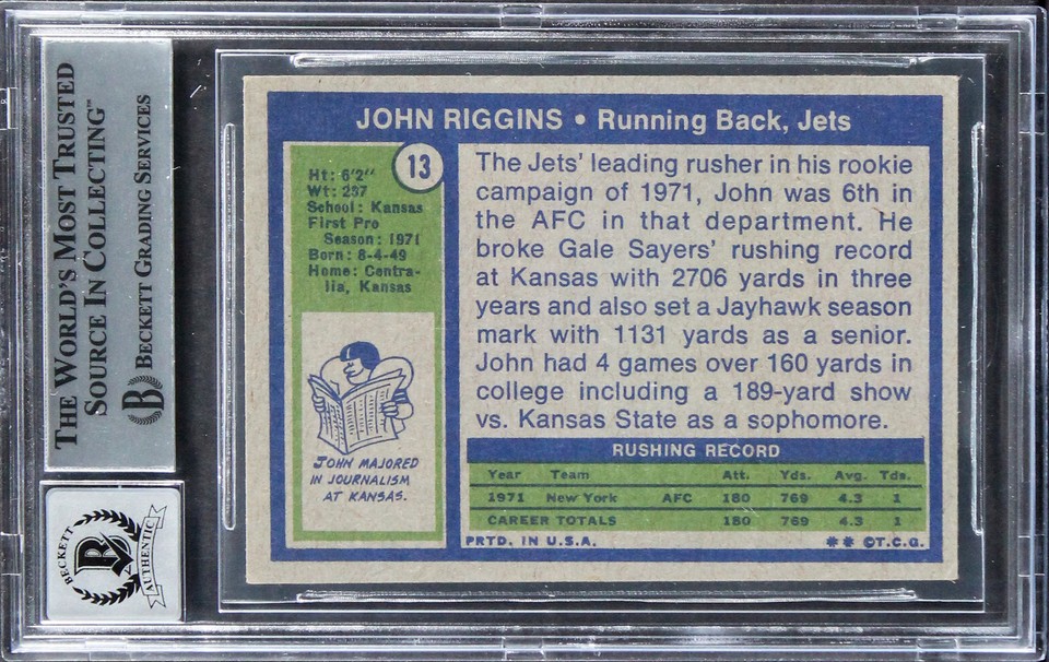 Jets John Riggins Signed 1972 Topps #13 Rookie Card Auto 10! BAS ...