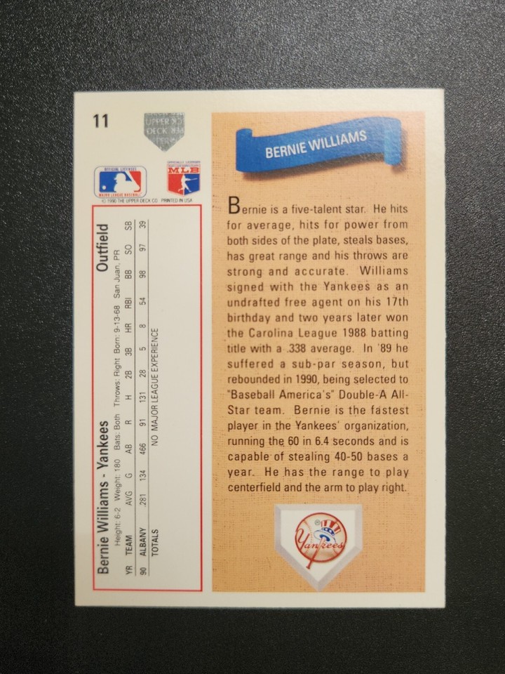 1991 Upper Deck #11 Bernie Williams - Rookie Baseball Card RC - New ...