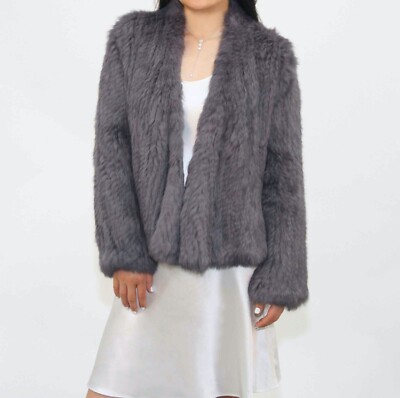 Thickness Woven Real Rabbit Fur Knit Coat Jacket Size M(8-10) Dark Grey ...