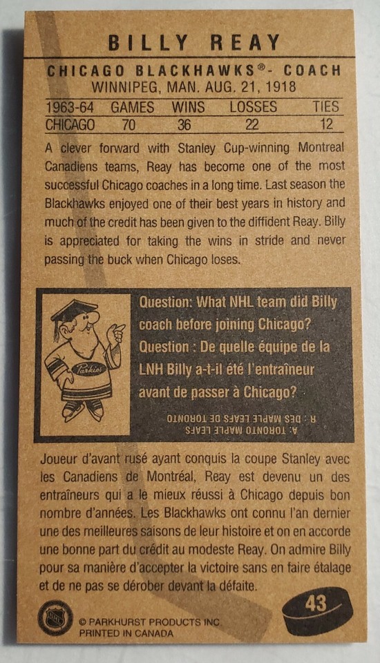 1994 PARKHURST TALL BOYS #43 BILLY REAY AUTOGRAPHED NM AUTHENTIC-FREE ...