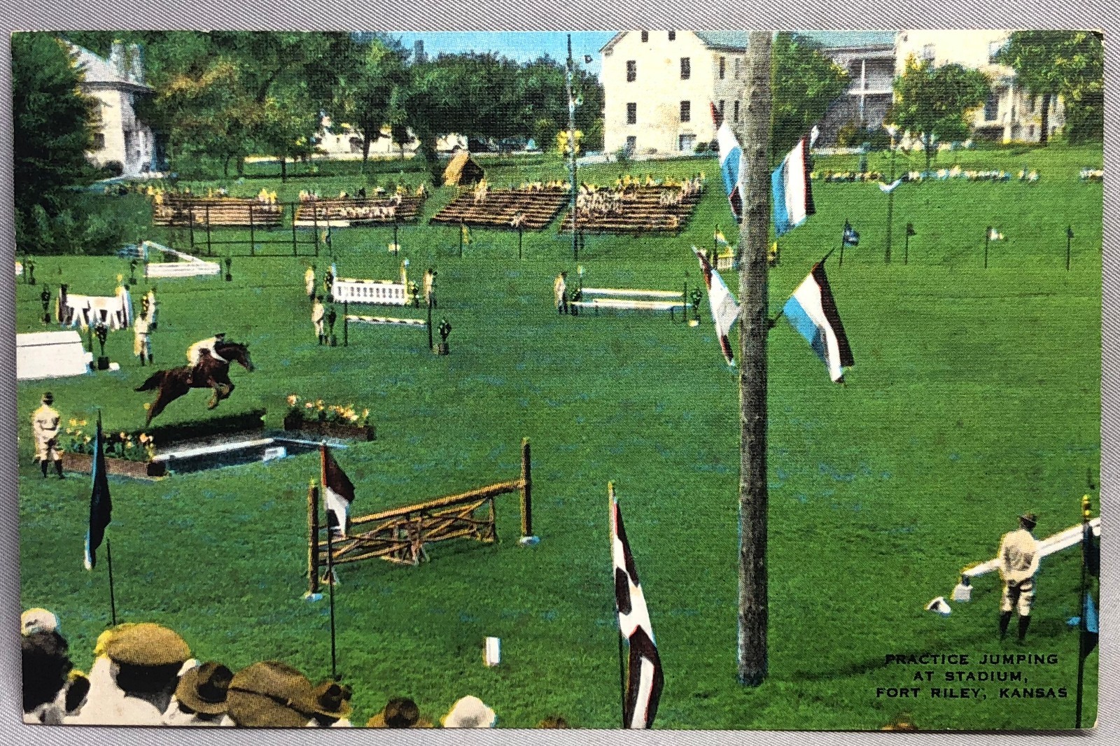1945 HORSE JUMPING Kansas FORT RILEY Postcard Vintage Linen | eBay