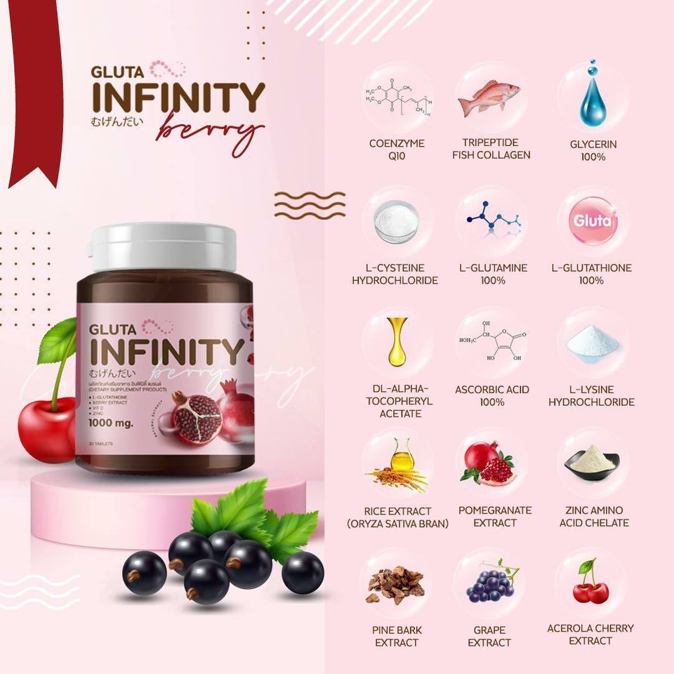 Gluta Infinity 1000mg Glutathione Rich Skin Whitening Vitamin C Zinc 30 ...