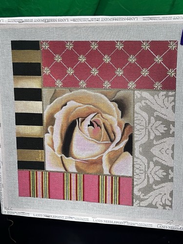 LANI Needlepoint Canvas 19 X 19HandPainted Pink Rose Collage | eBay