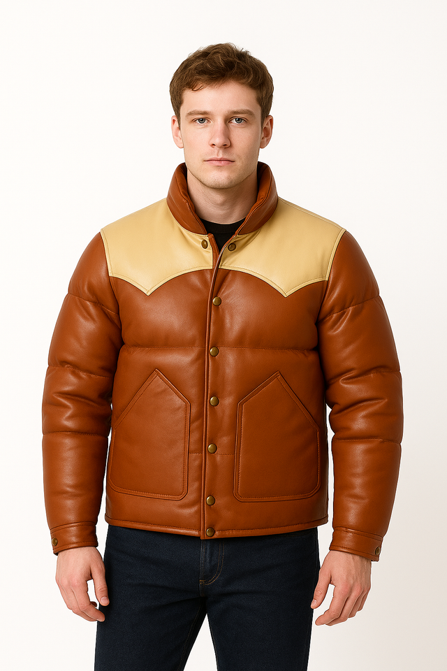 Handmade Western Lambskin Leather Puffer Jacket | Tan Down Coat, Cowboy ...