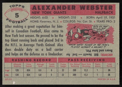 1956 Topps Alex Webster New York Giants #5 C88 | eBay