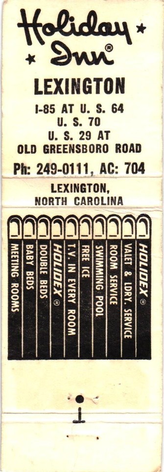 North Carolina Holidex System Reservation Holiday Inn Vintage Matchbook ...