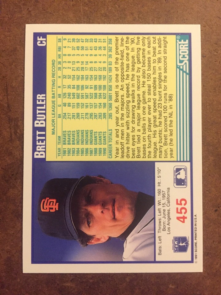 Brett Butler 455 Score 1991 MLB Baseball Trading Card | eBay
