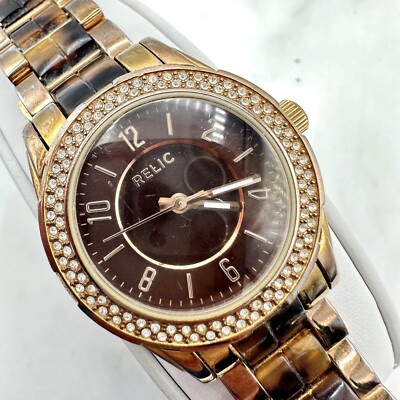 Relic Watch Women Rose Gold Tone Tortoise Shell Crystal Bezel New ...