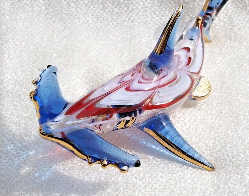Blue Maroon HAMMERHEAD shark figurine handmade blown glass gold trim 4. ...