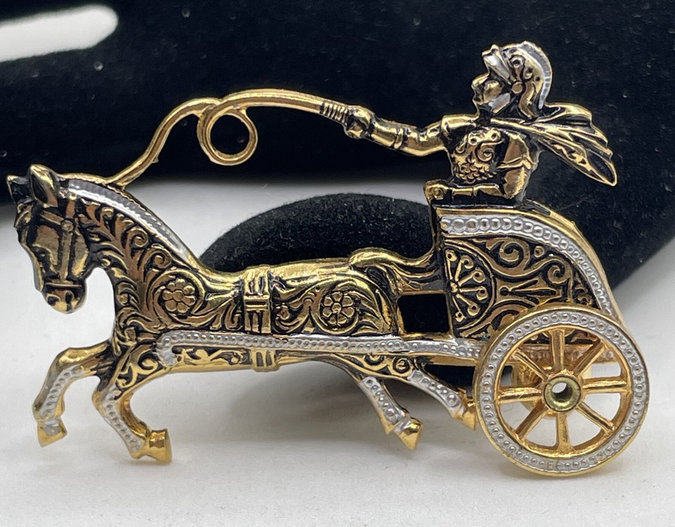Vintage GoldTone Roman Horse and Chariot Damascene Pin Brooch marked ...