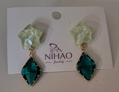 NIHAO Boutique BOHO ART EARRINGS 2" DROP STARS STONES Gold-Tone GREEN ...