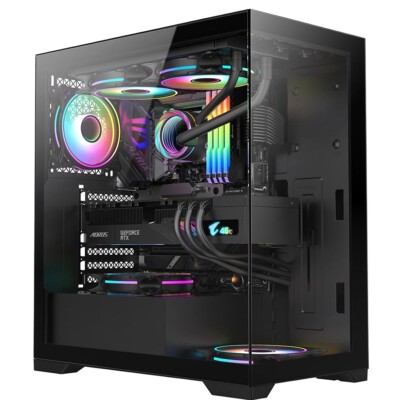 Gaming PC Case Black Mid Tower Full View Tempered Glass Panels 3x ARGB ...
