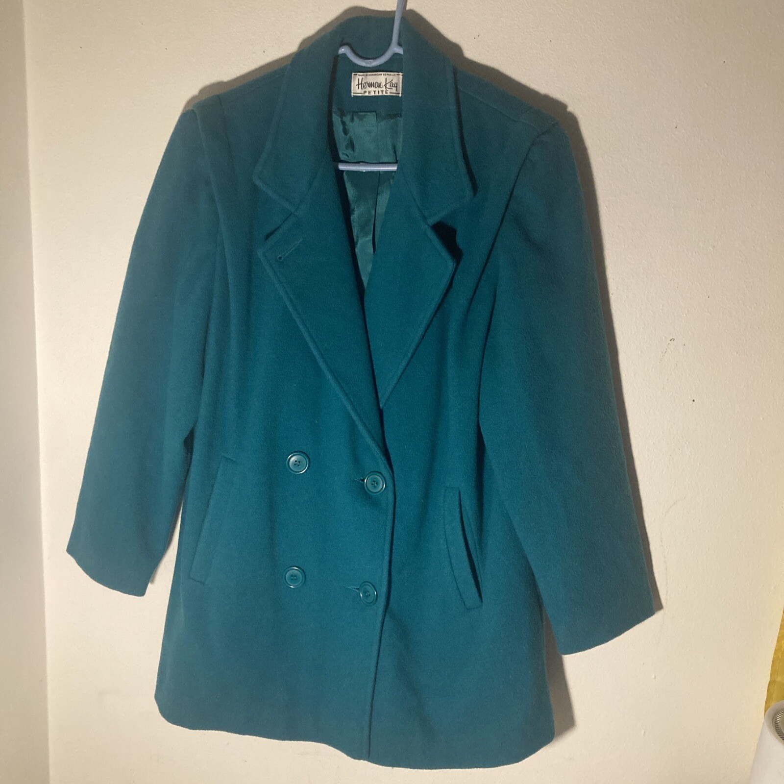 VINTAGE Herman Kay Trench Coat Women Petite Size 12 Teal Tweed Wool ...