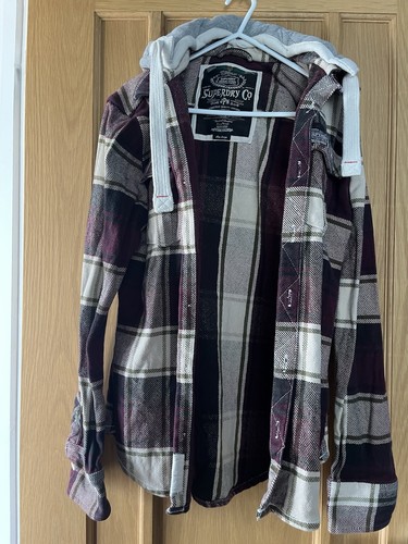superdry hooded Shirt Plaid Large Rivet Strength Red Blue Grey Cotton ...