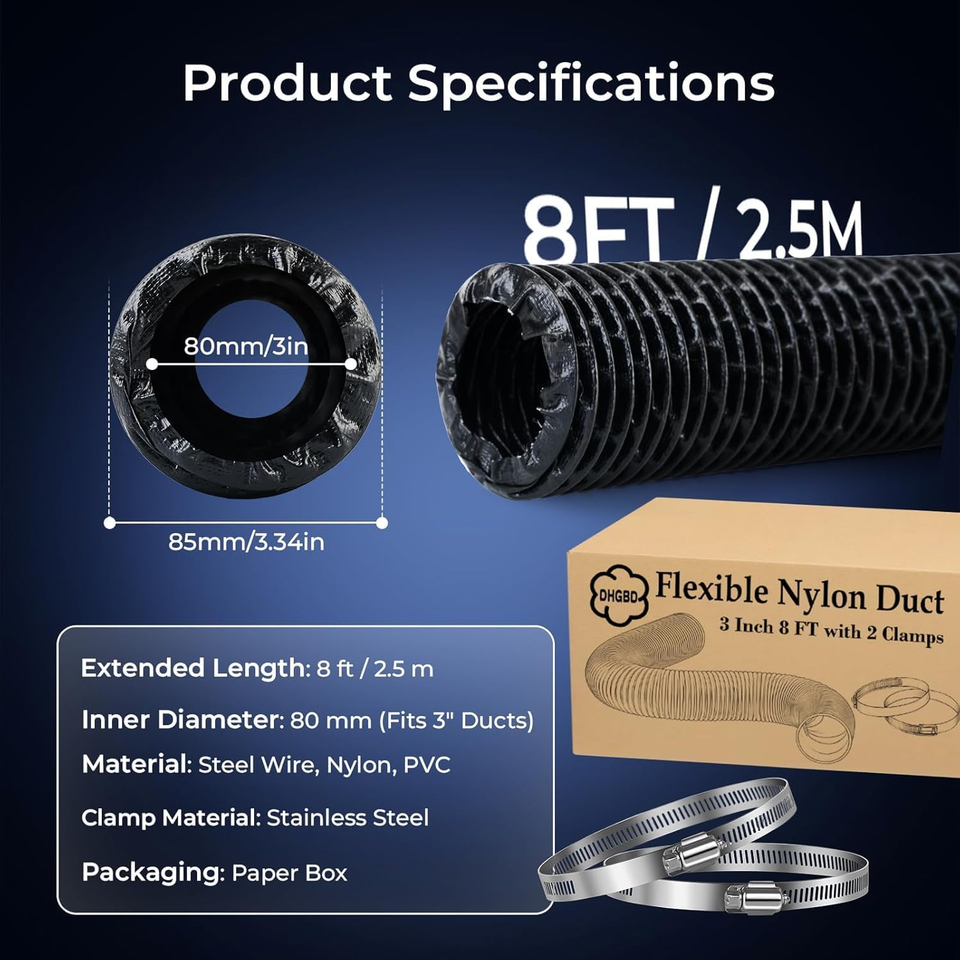 Diesel Heater Ducting 3Inch 8FT, Nylon Flexible Duct Hose, Insulated ...