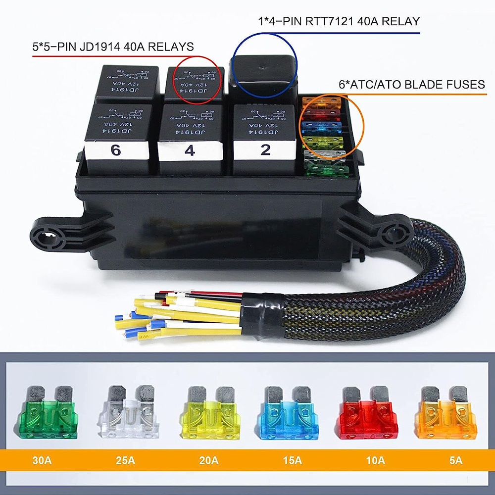 6-Way 12V Auto Waterproof Fuse Relay Holder Box Block 40A Relays with ...