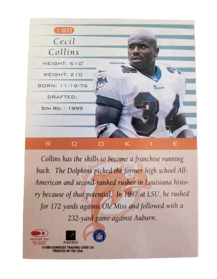 1999 Donruss Football Card #180 Cecil Collins Rookie Miami Dolphins NFL ...