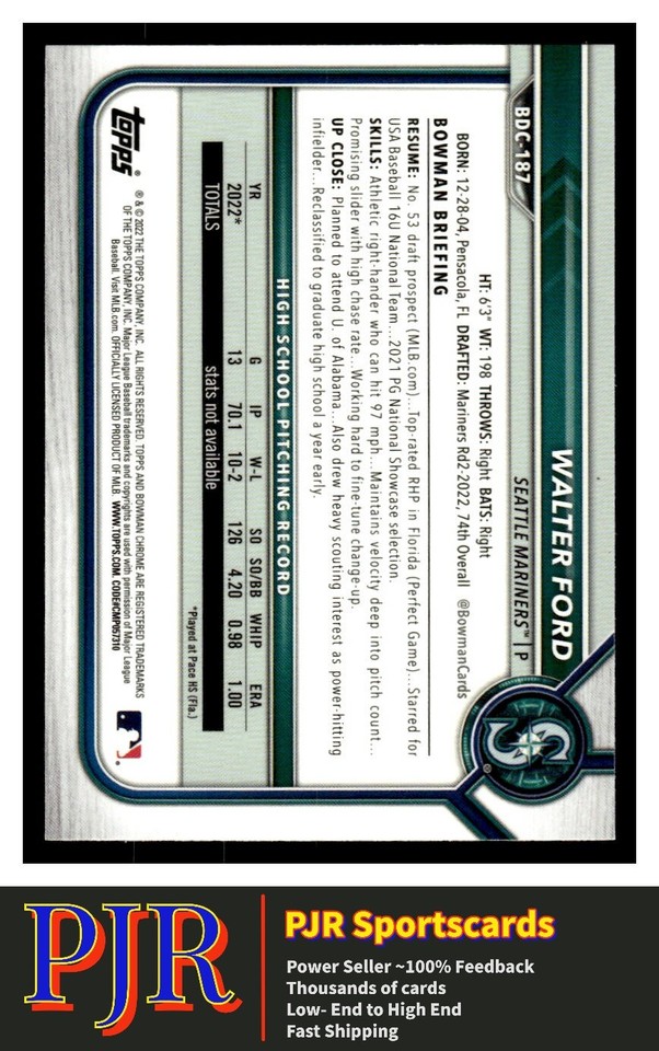2022 Bowman Draft #BDC-187 Walter Ford Mariners Chrome Black & White ...