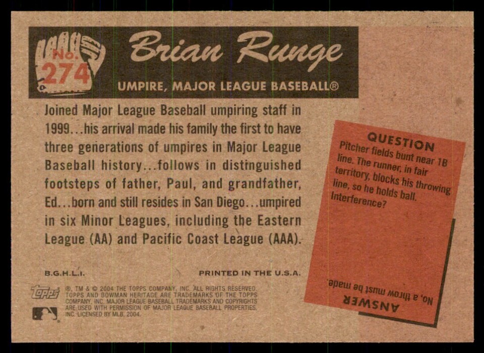 2004 Bowman Heritage - Mint Brian Runge #274 | eBay
