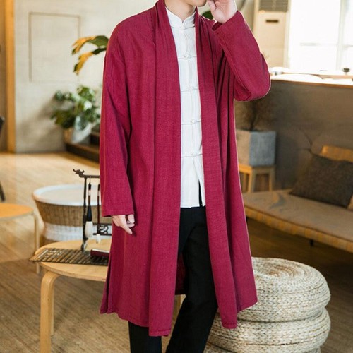 Retro Mens Mid Long Shirts Cotton Linen Loose Casual Shirt Cloak Robe ...
