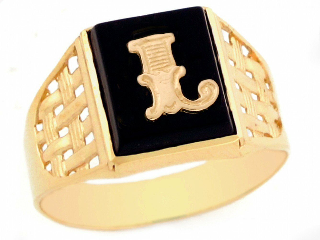 10k or 14k Yellow Gold Bold Black Onyx Mens Basket Weave Initial Letter ...