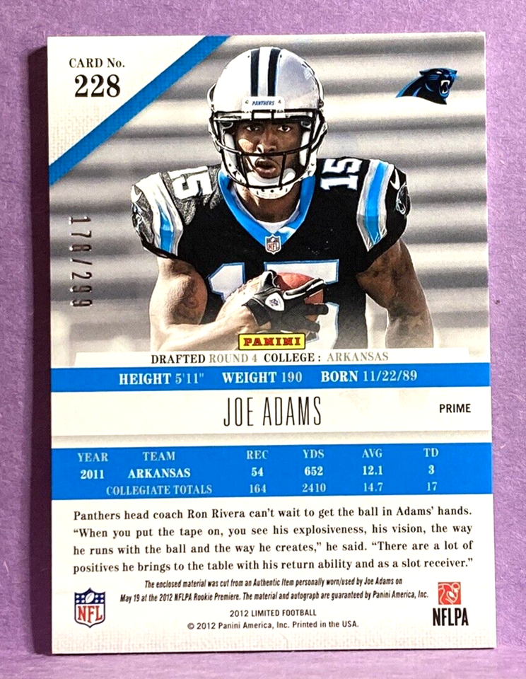 2012 Limited JOE ADAMS Rookie Autograph Patch Prime /299 Card #228 ...