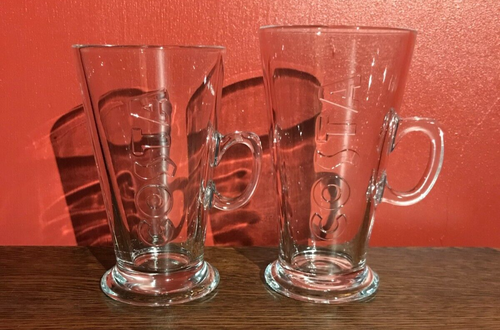 2 COSTA COFFEE GLASS MUGS WITH EMBOSSED LOGO 11.5cm & 12.5cm LATTE HOT ...