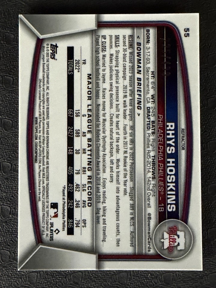 Rhys Hoskins 2023 Bowman Chrome Refractor Parallel Card 55 Serial #/499 ...