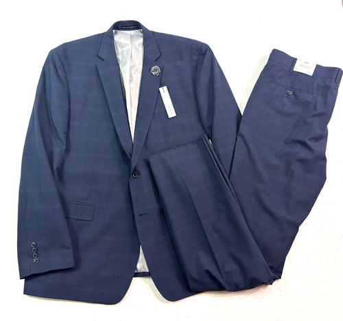 NEW $375 Perry Ellis 48L 43 Unhemmed 2pc Pant Suit Blue Plaid Flat ...