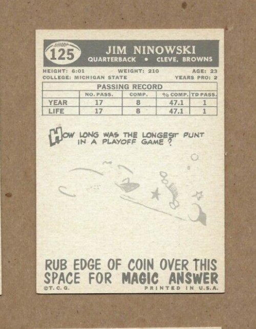 1959 Topps football card #125 Jim Ninowski Cleveland Browns Michigan ...