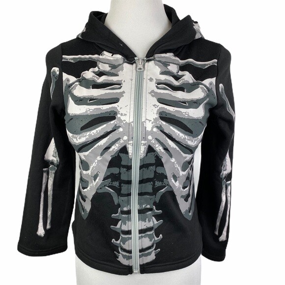 COSTUME USA Kids Medium 8-10 Black White Skeleton Fleece Zip Up Hooded ...