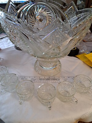 L.E. Smith Aztec Glass Punch Bowl With Stand And 6 Glasses | eBay