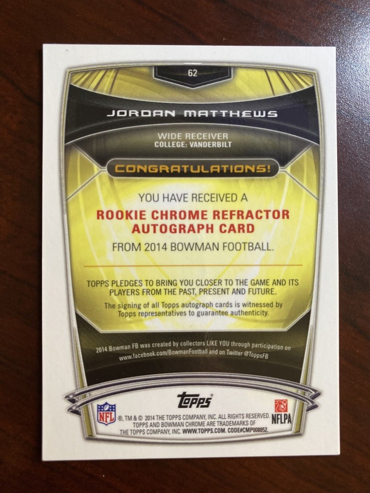 Jordan Matthews 2014 Bowman Chrome GOLD Refractor Auto #69/75 RC ...