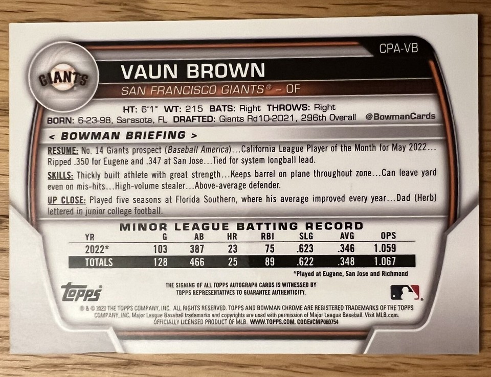 2023 Bowman Chrome 1st Vaun Brown Autograph CPA-VB San Francisco Giants ...