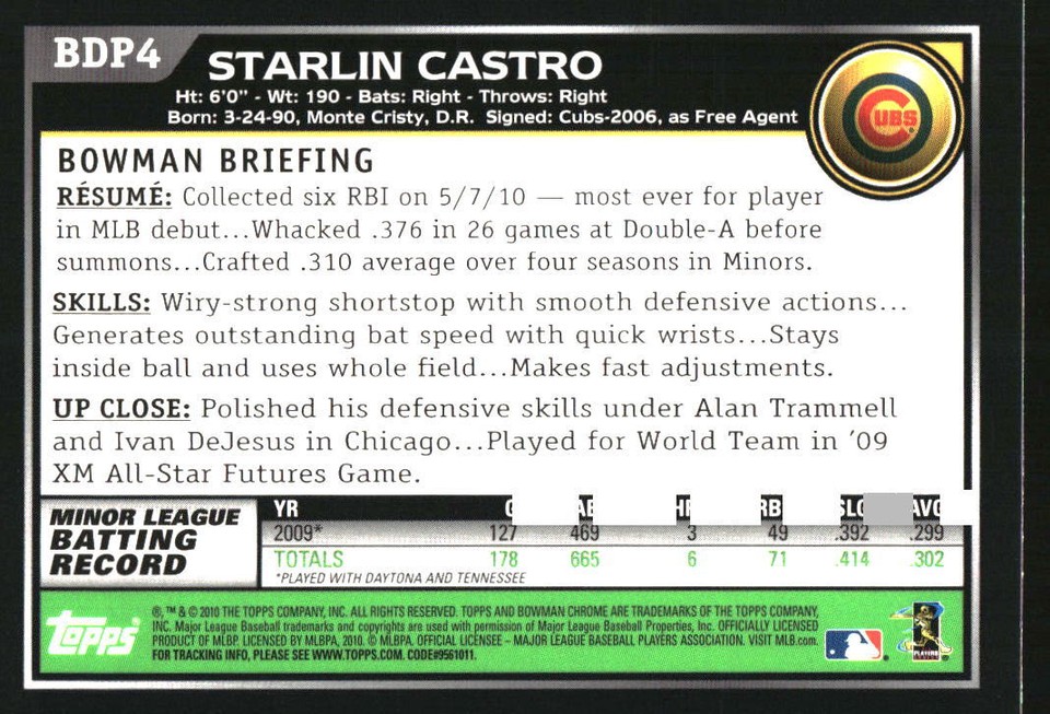 2010 Bowman Draft Picks & Prospects #BDP4 Starlin Castro Chrome RC ...