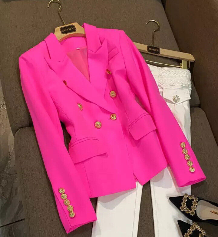 Double Breasted Neon Hot Pink Blazer With Gold Buttons Slim Fit Luxury ...