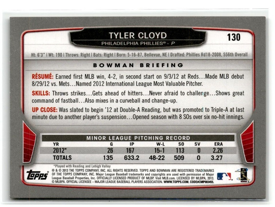 Tyler Cloyd Philadelphia Phillies 2013 Bowman Gold #130 | eBay