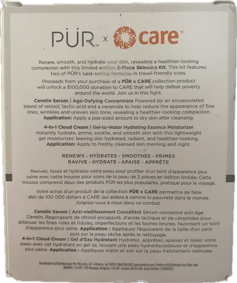 PÜR Beauty x Care 2 Pc Skincare Kit Ceretin Serum 4-in-1 Cloud Cream .5 ...