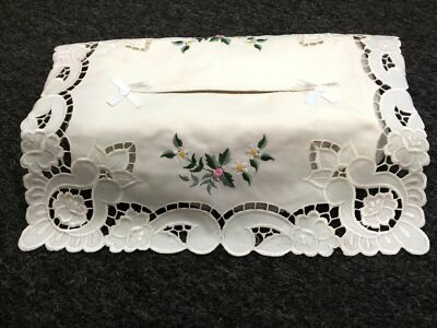 Grant Linen Embroidered Handmade Rosebud Cutwork Tissue Box cover | eBay