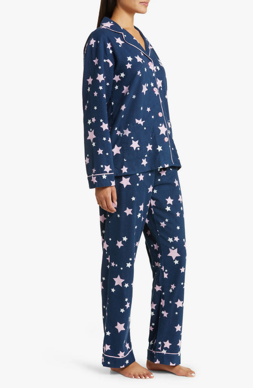 New Pj Salvage Rise And Shine Stars Blue Flannel Pajamas Set Size Large