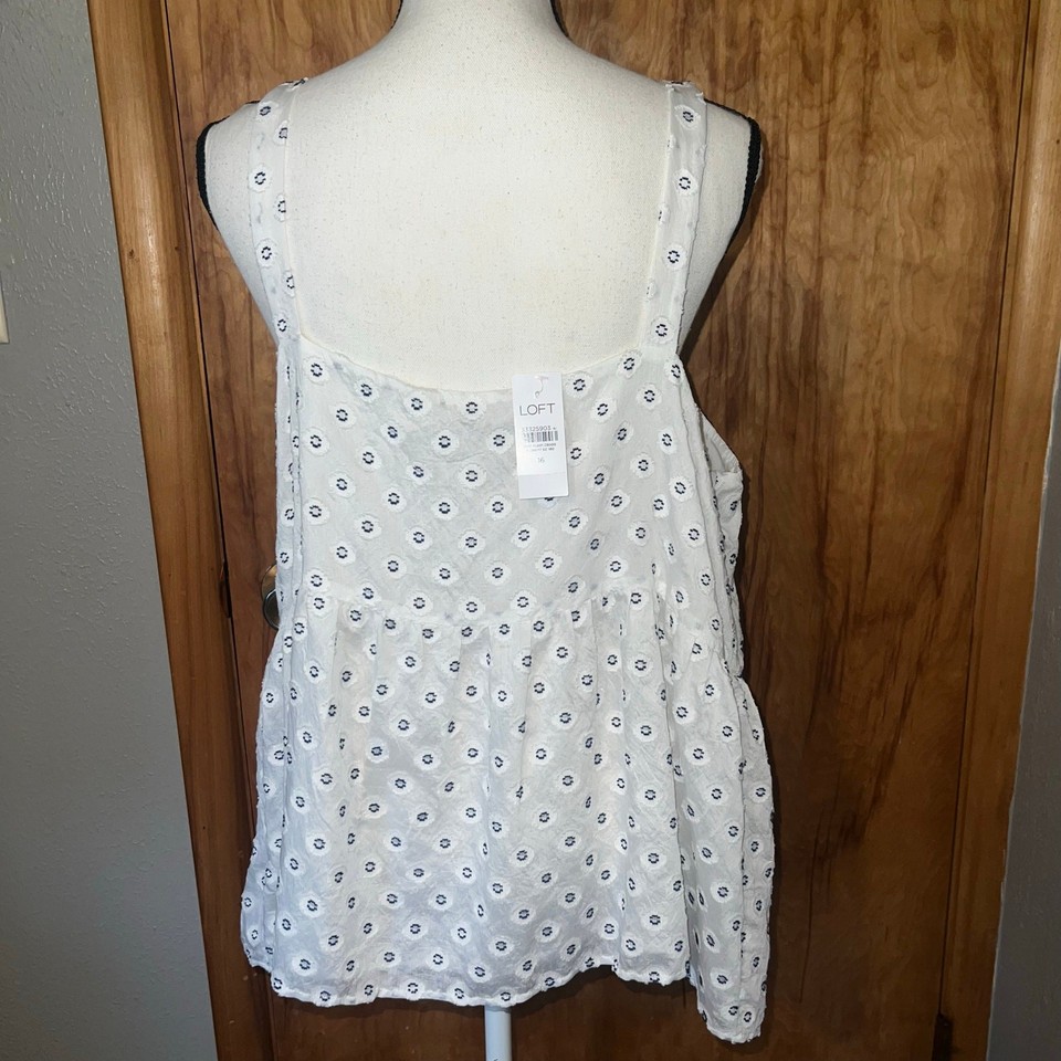 NWT Loft White Blue Square Neck Embroidered Baby Doll Polka Dot Tank ...
