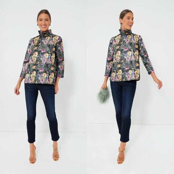 Tuckernuck NEW Midnight Primrose Jacquard Preppy Floral Bow Blouse Size ...