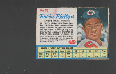 1962 Post Baseball Card #39 Bubba Phillips-Cleveland Indians Vg Ex Card ...