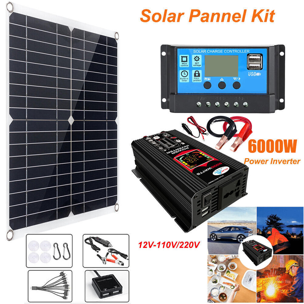 6000W Complete Solar Panel Kit 100A Solar Power Generator Home 12V-110V ...